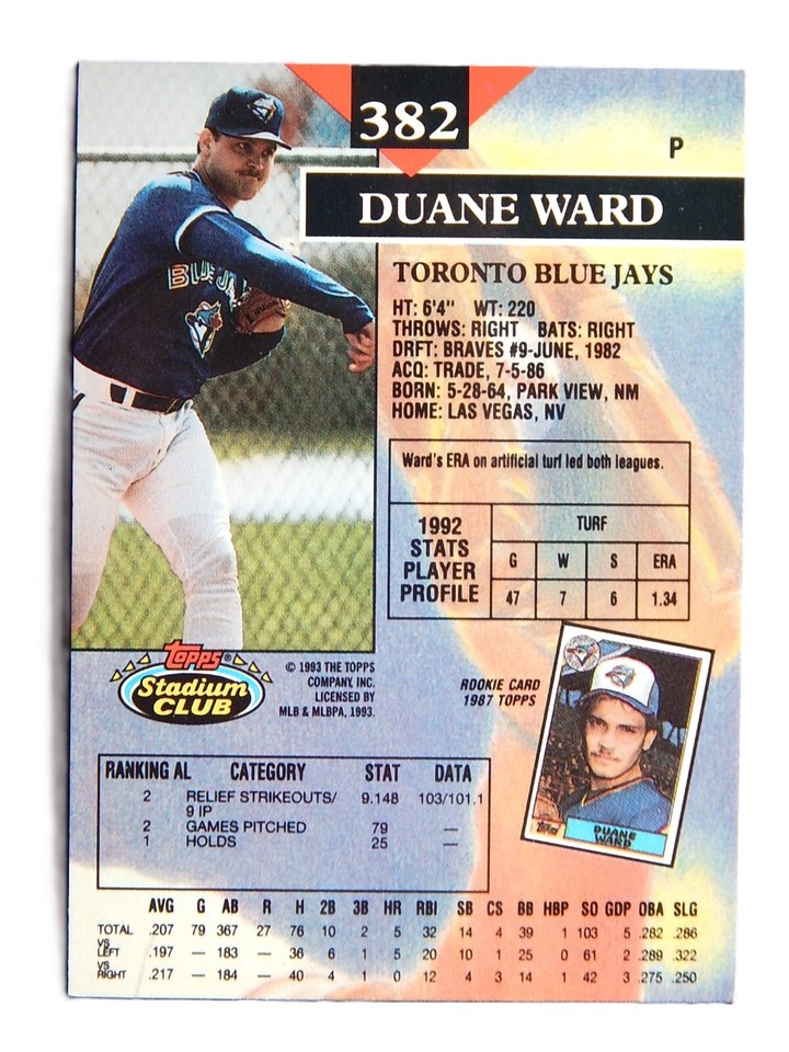 Duane Ward #382 Topps Stadium Club 1993 Baseball Card (Toronto Blue ...