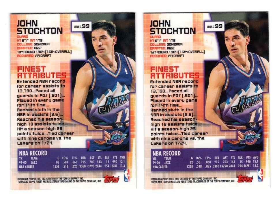 (2) 2000-01 TOPPS FINEST JOHN STOCKTON CARD #99 LOT **NM-MT** UTAH JAZZ ...