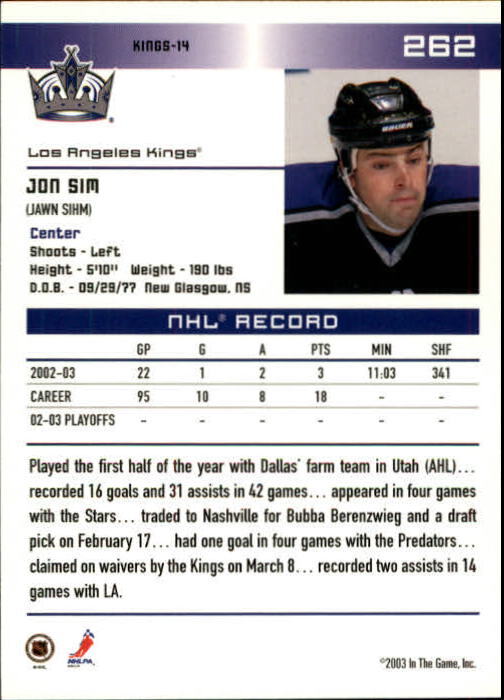 2003-04 ITG Action NHL All-Star FANtasy #262 Jon Sim - NM-MT | eBay
