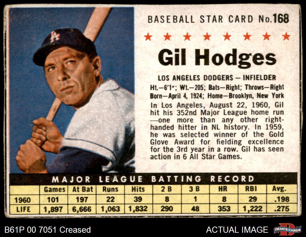 1961 Post Cereal #168 Gil Hodges Hand Cut Dodgers HOF SHORT-PRINT 3 ...