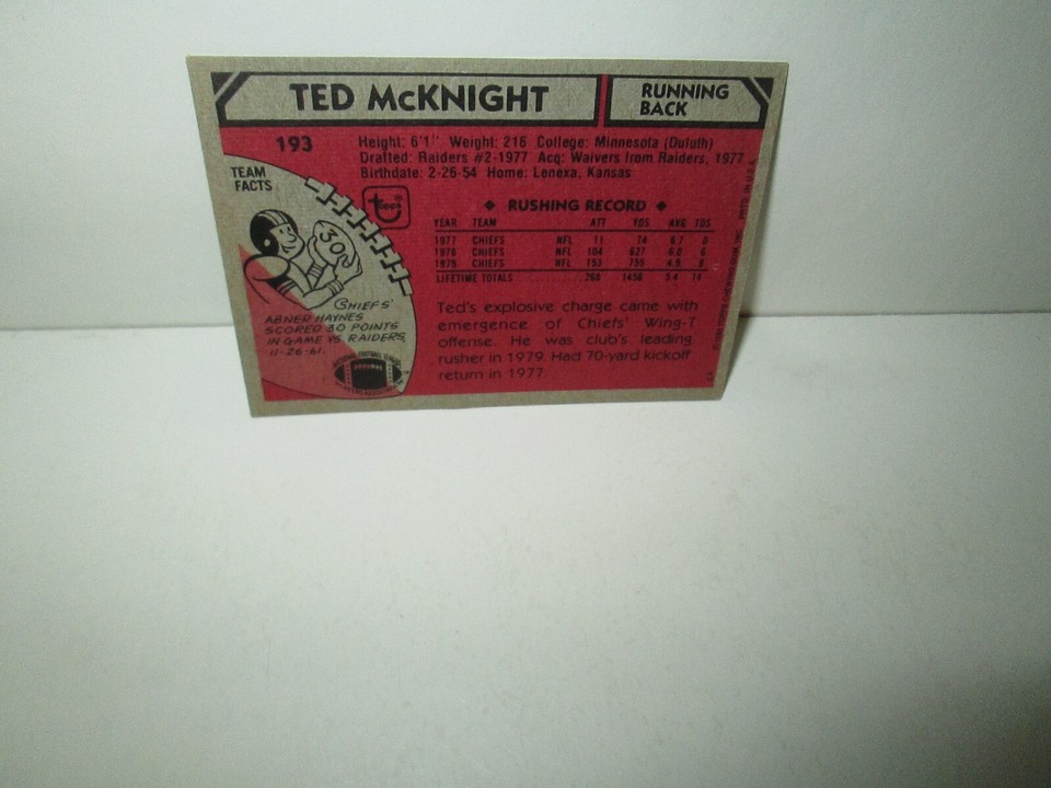 TED MCKNIGHT 1980 football card Topps #193 Rookie Rc KANSAS CITY CHIEFS ...