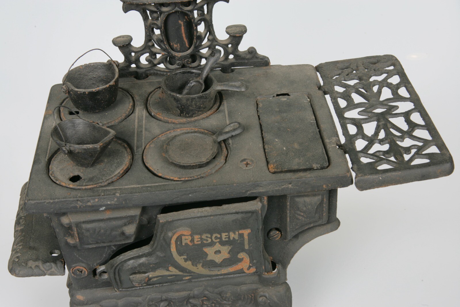 CRESCENT Vintage Mini Cast Iron Wood Stove Pots Pans Salesman Sample ...