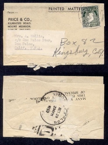 IRELAND 1953 2d WRAPPER TO USA w/BS | eBay
