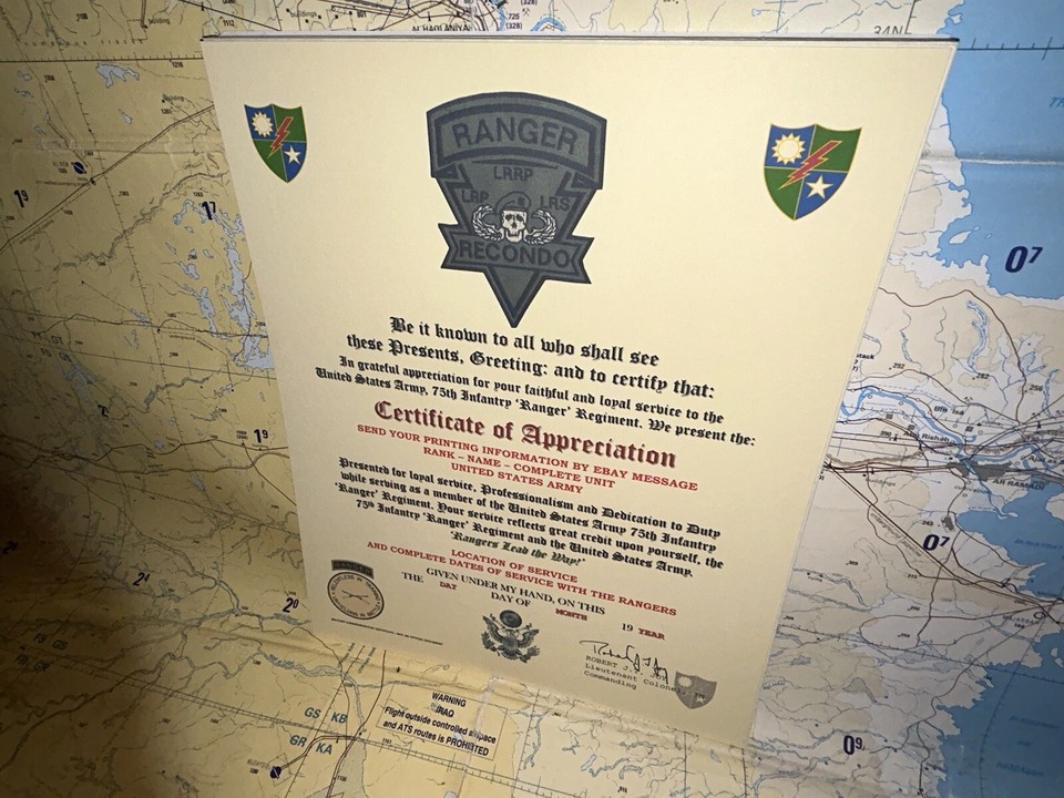 U.S. ARMY 75 RANGERS - LRRP RANGER RECONDO LRP-LRS / CERTIFICATE OF ...