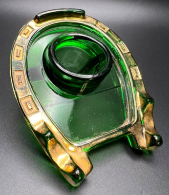 Rare VTG Green Glass FIGURAL HORSESHOE Inkwell Gold Trim Western Rustic ...