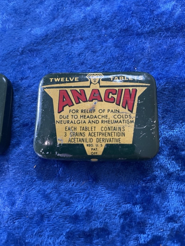 Vtg.”Anacin” Pain Relief Tins (2) & “Postum Cereal” (Instant Postum ...