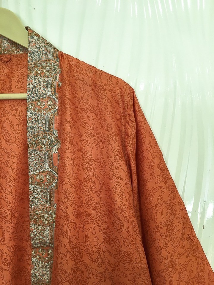 Pure Silk Midi Kimono Robe Knee Length Gown Silk Kimono Robe Orange ...