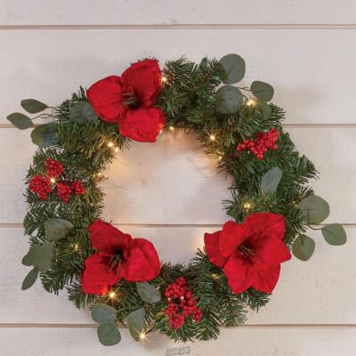 Stoneberry 20"dia Prelit 35 LED Lighted Amaryllis Christmas Wreath with ...