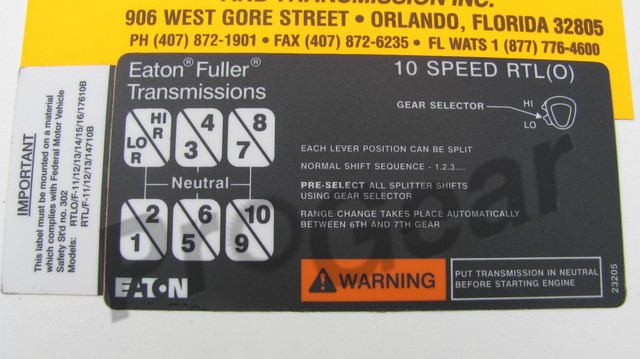Eaton FULLER Super 10 Transmission Shift Pattern Label 23205 for sale ...