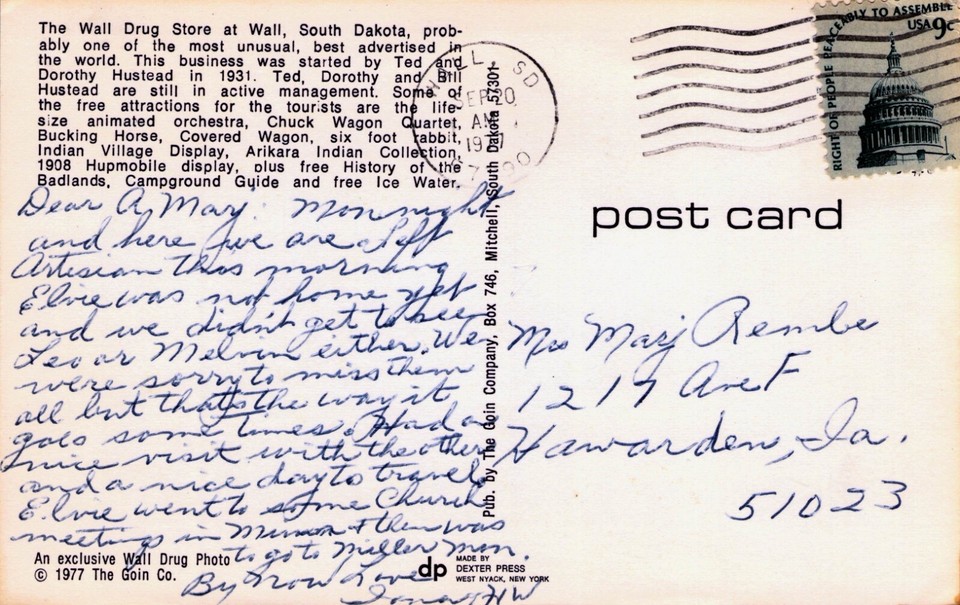 1977 VTG Postcard Ted & Bill Hustead's Wall Drug Store at Wall South ...