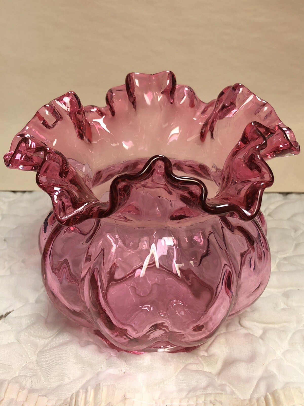 Fenton Diamond Optic Ruby Overlay Double Crimped Melon Vase circa 1940 ...