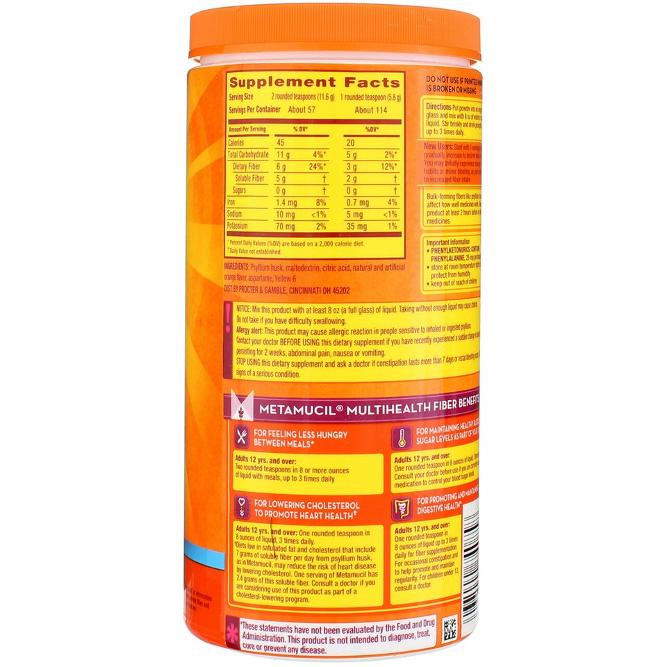 Metamucil 4-in-1 MultiHealth Sugar-Free Fiber Supplement Powder, Orange ...