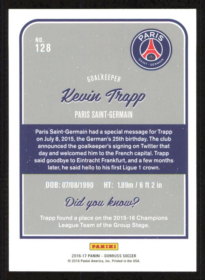 2016 Donruss KEVIN TRAPP Gold Foil Soccer card PARIS SAINT-GERMAIN #128 ...