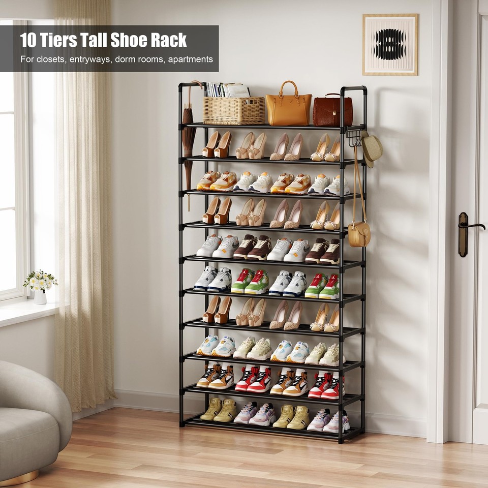 10 Tier Metal Shoe Rack Organiser, Fits 40-45 Shoes, Closet & Entryway ...