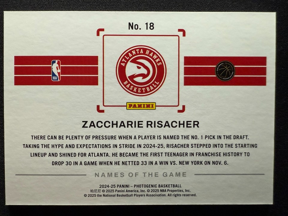 2024-25 Panini Photogenic Zaccharie Risacher Names Of The Game Case Hit ...