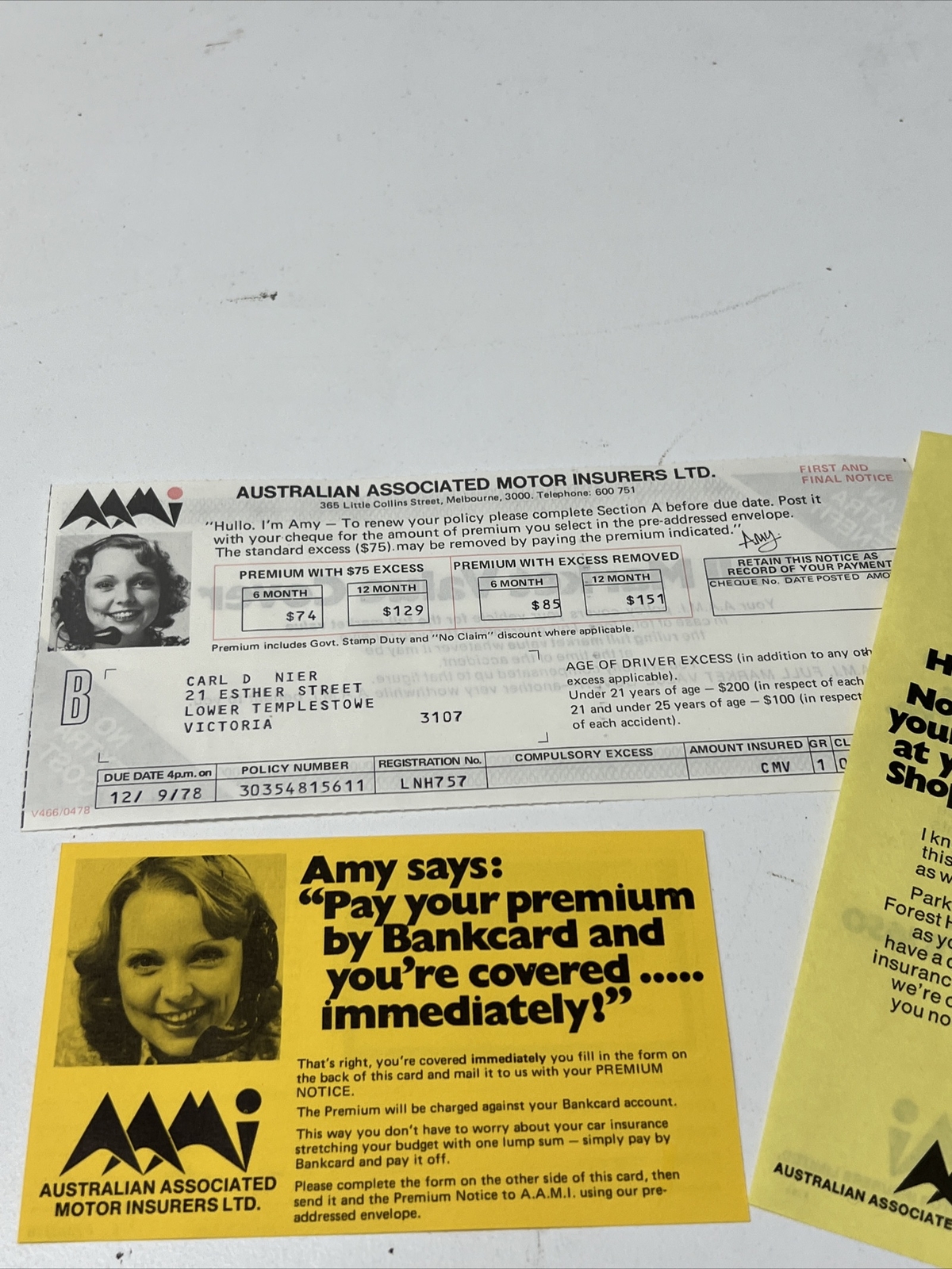 VINTAGE VICTORIA MOTOR CAR AAMI INSURANCE PAPERS 1978 AUTO CERTIFICATE ...