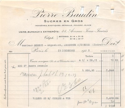 1933 SUCRES EN GROS PIERRE BAUDIN A PARIS - M. GOBERT A ARGENTON SUR ...