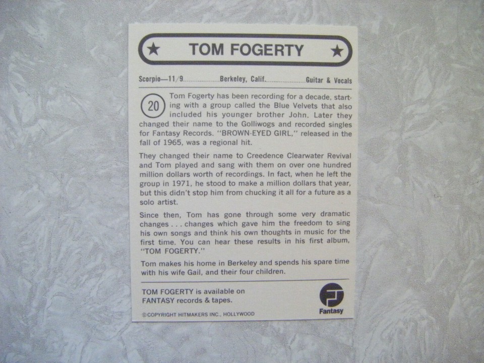 1972 Hitmakers Trading Card #20 TOM FOGERTY ~ Non Sport Card ~ Pack ...