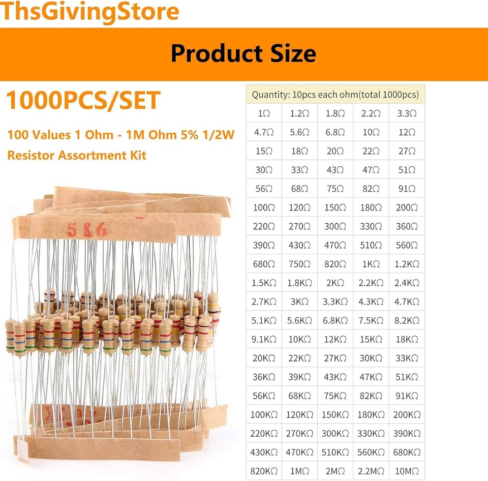 Resistor Kit 1/2 Watt Resistors Kit Resistors Assortment kit 1000pcs ...