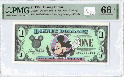 1999 PMG 66 Disney / Disneyland Dollars $1 Bill- Mickey Sleeping Beauty ...