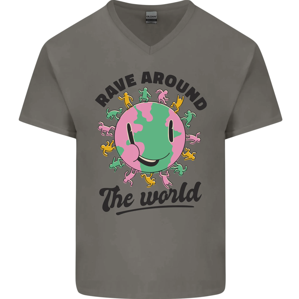 Rave Around the World Dance Music Acid Raver Mens V-Neck Cotton T-Shirt ...