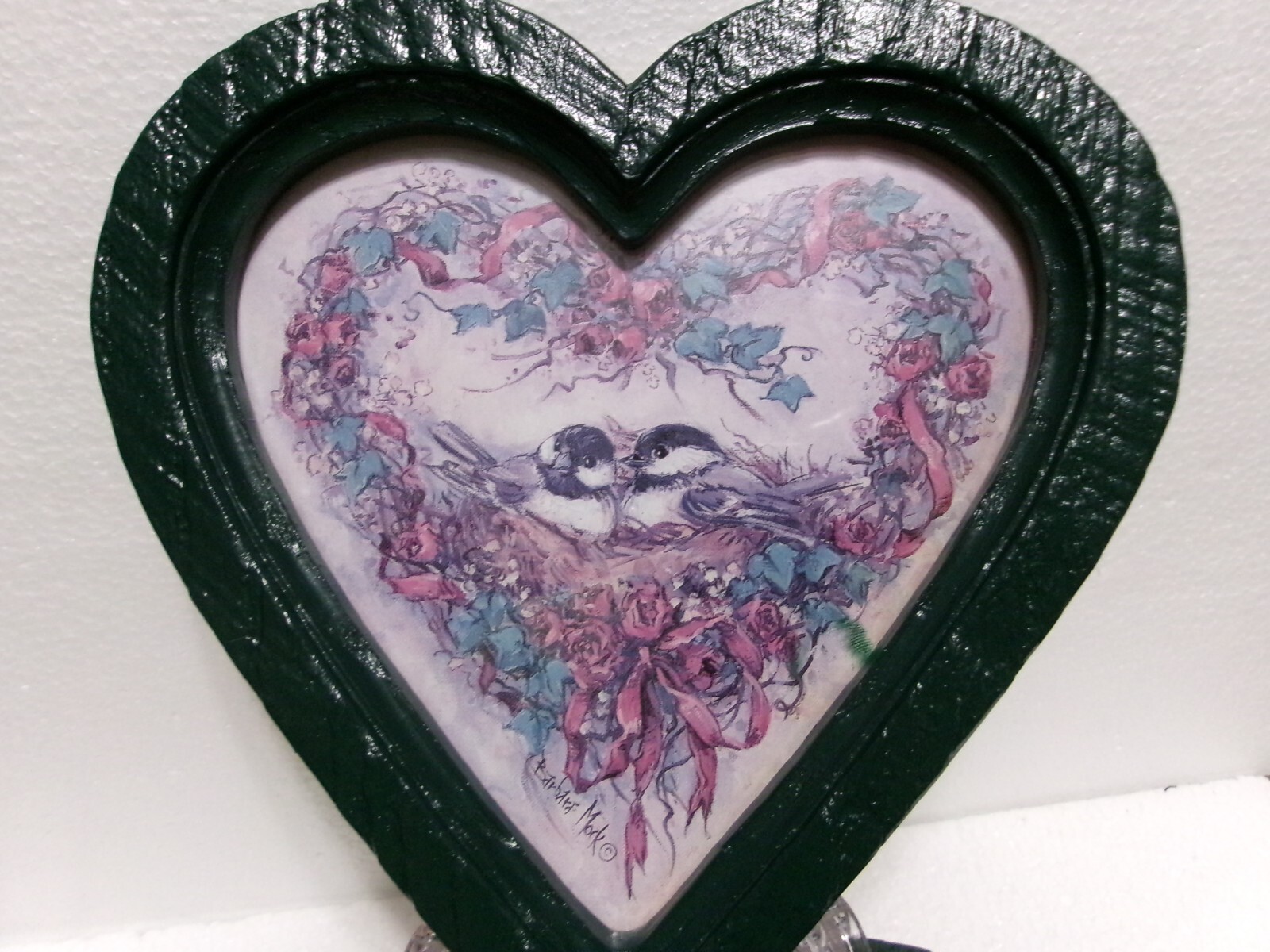 2 Barbara Mock Chickadee Bird Print Home Interiors Heart Shaped Green ...