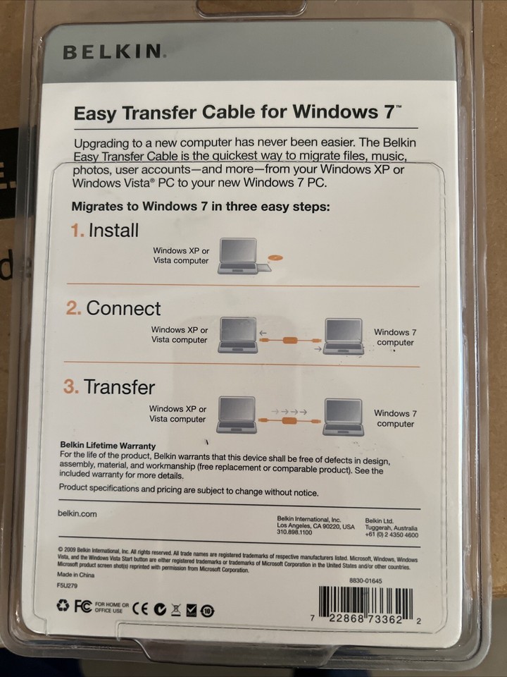 Belkin Easy Transfer Cable For Windows 7 New In Box, Sealed 8 ft USB 2. ...
