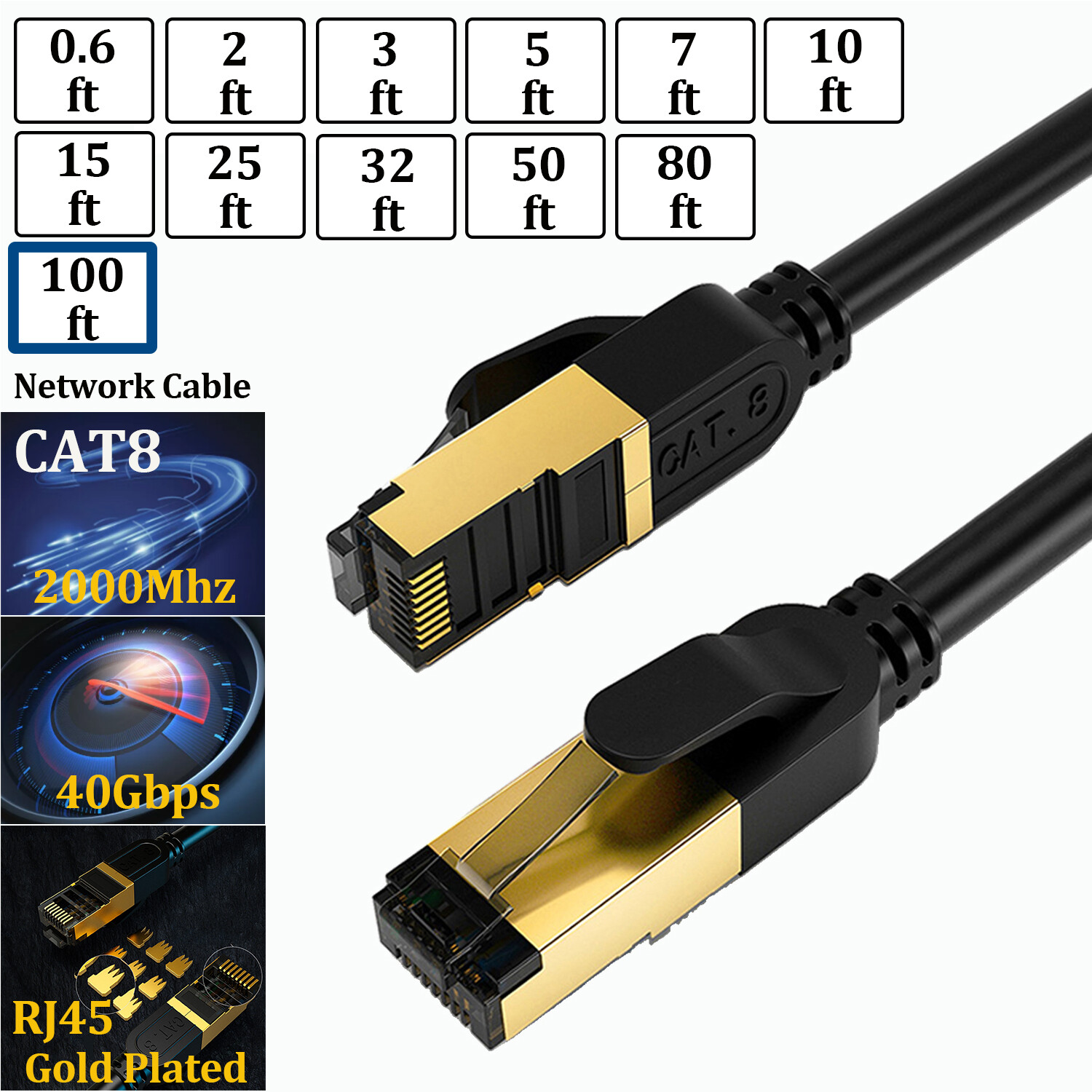 CAT 8 RJ45 Ethernet Cable Super Speed 40Gbps Cat8 Network Cable Gold ...