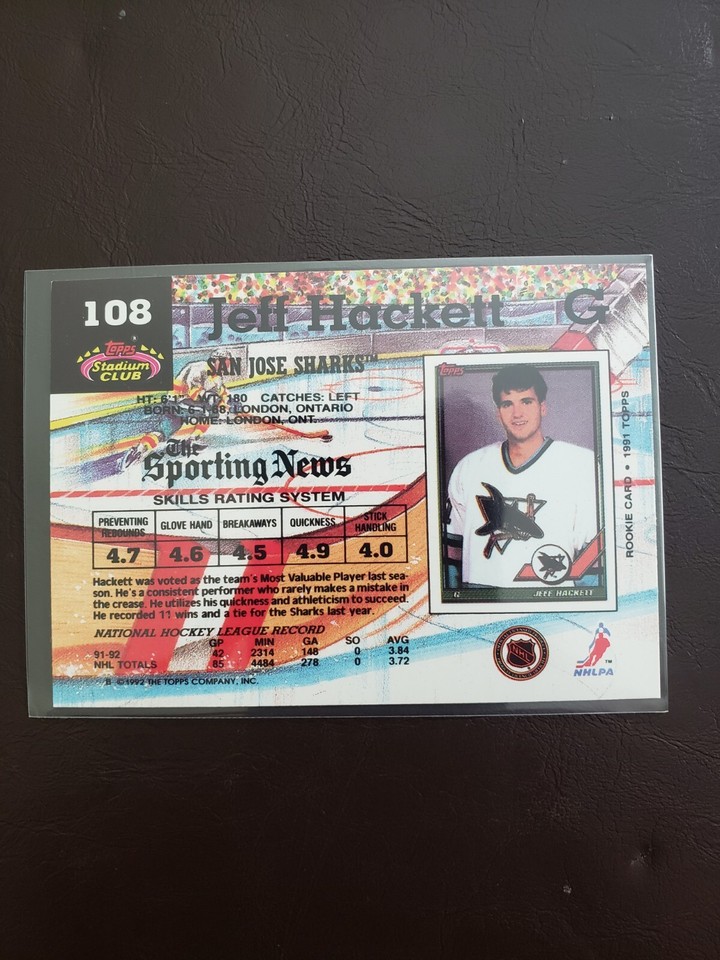 1992-93 Jeff Hackett Topps Stadium Club Hockey San Jose Sharks | eBay