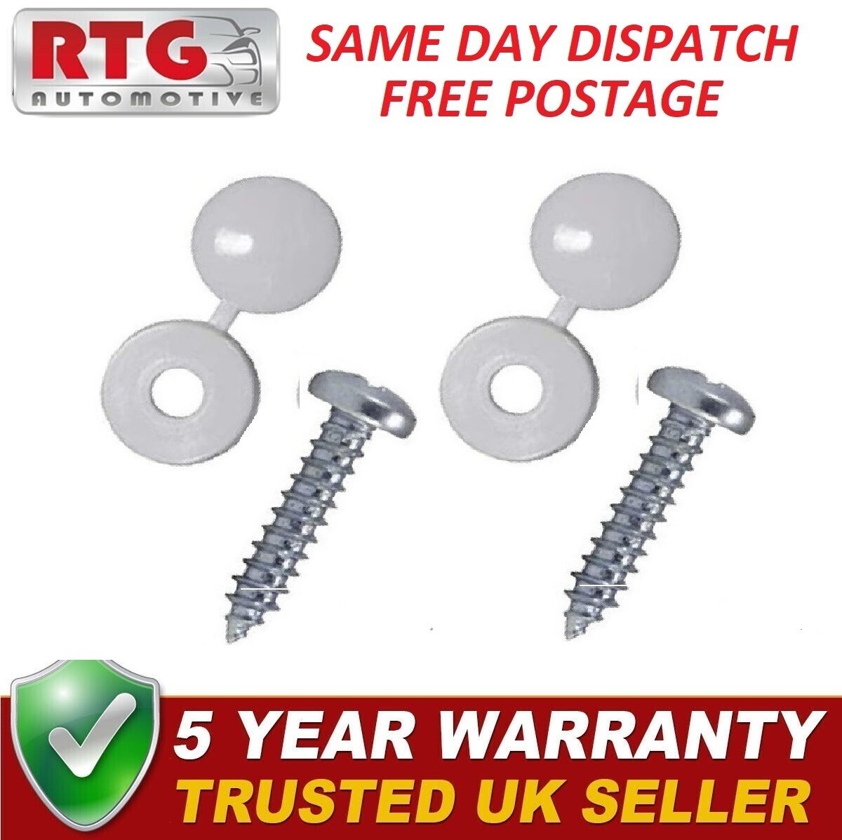 2x Vehicle Reg Registration Number Plate Screws White Hinged Caps RTG ...