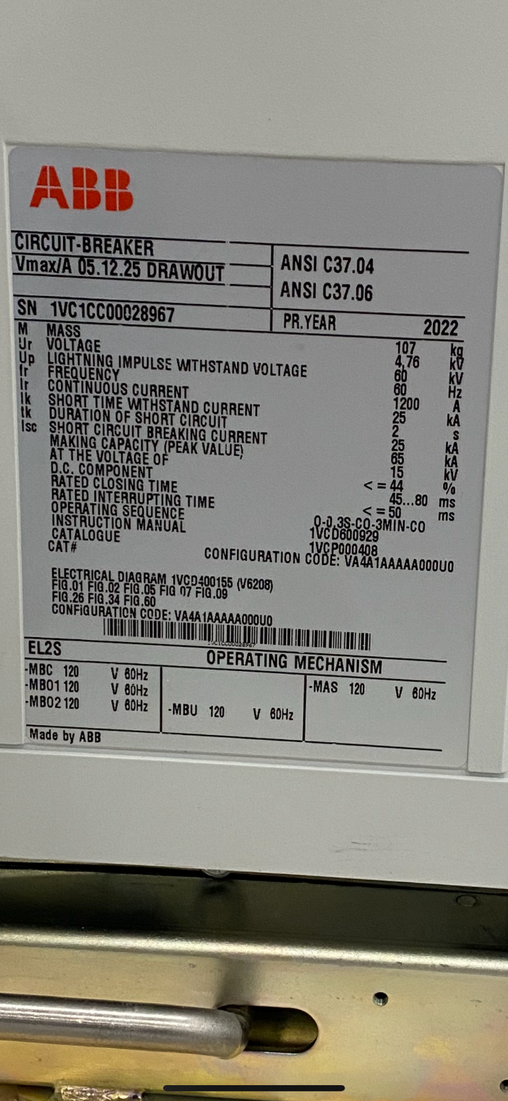 ABB VMAX, 15kV, 1200A Circuit Breaker, A 05.12.25 Drawout (FREE ...