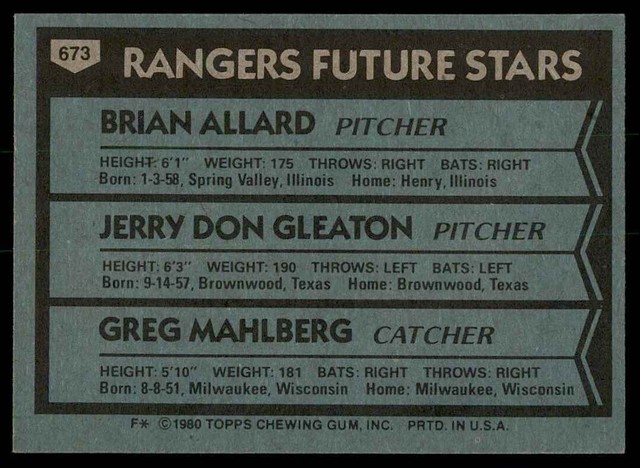 1980 Topps - Future Stars #673 Greg Mahlberg, Jerry Don Gleaton, Brian ...