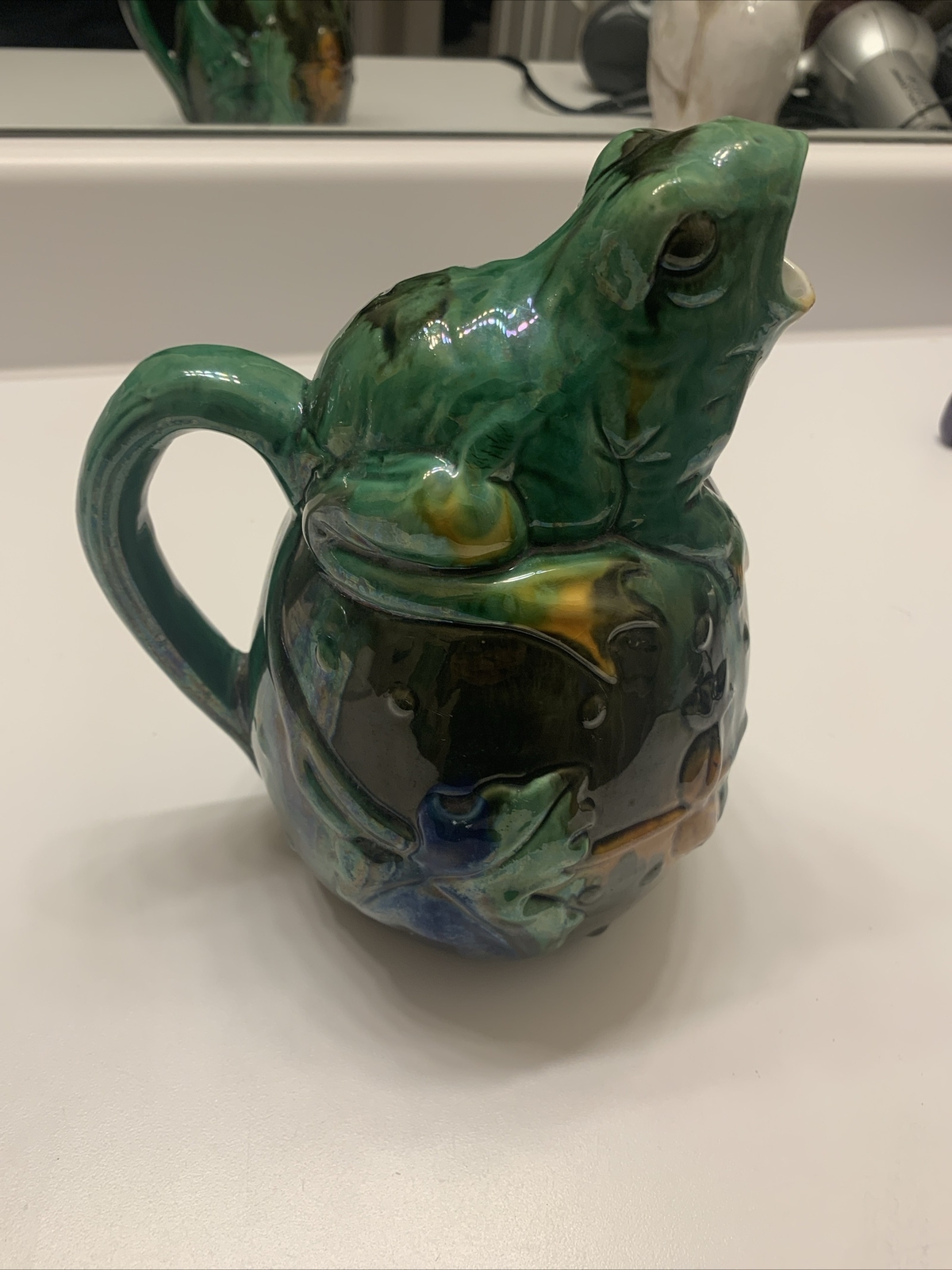 Vintage ceramic Frog on melon Pitcher Majolica Decanter brown green | eBay