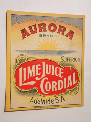 AURORA BRAND LIME JUICE CORDIAL ADELAIDE SOFT DRINK LABEL c1950s VERY ...