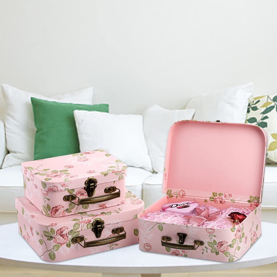 3 Pack Paperboard Suitcases Decorative Storage Box with Lids and Metal ...