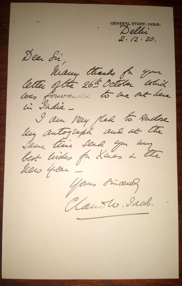 Field Marshal Sir Claud William Jacob (1863-1948) Signed Letter ...