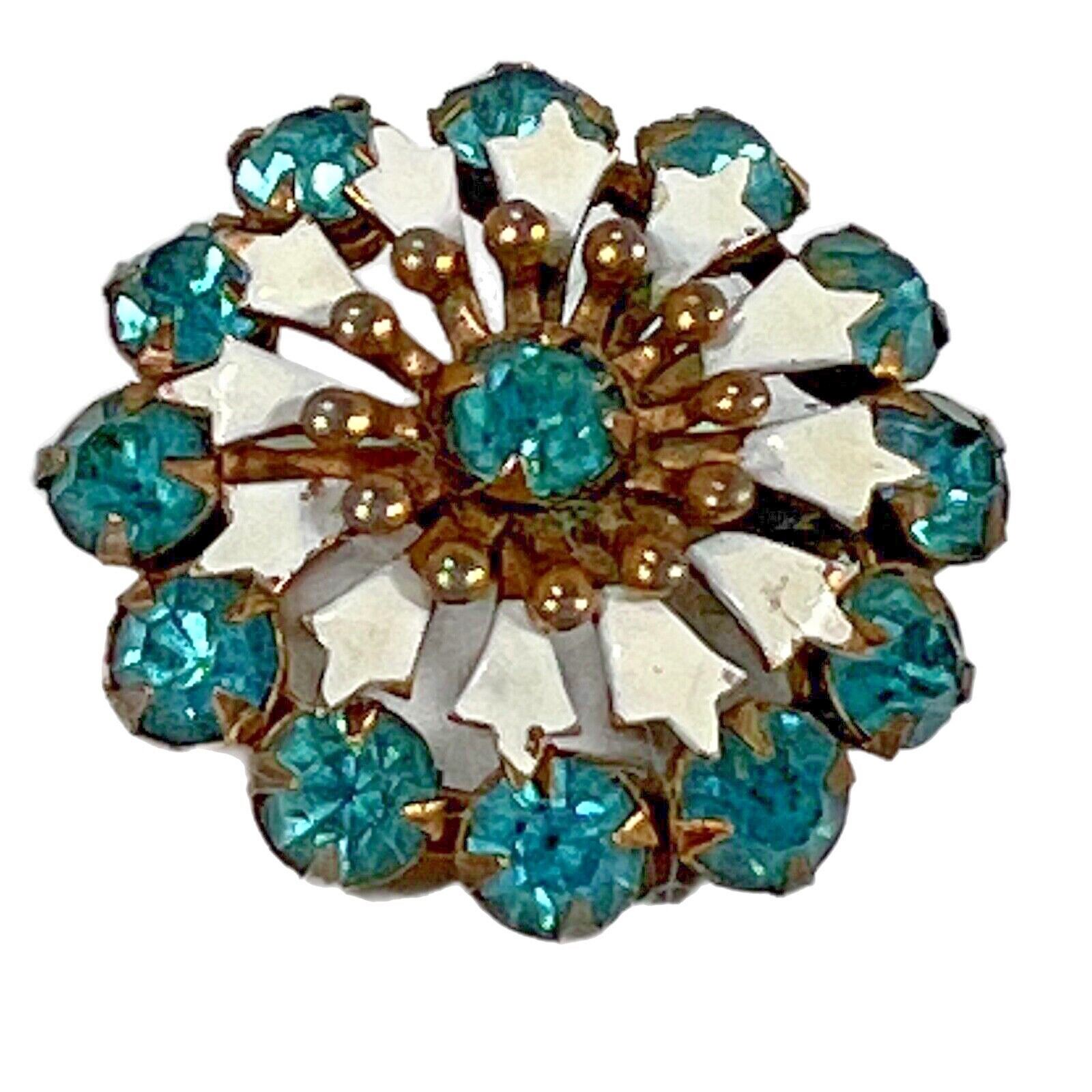 Vtg Round Cluster Pin Brooch Aqua stone (glass?) whit… - Gem