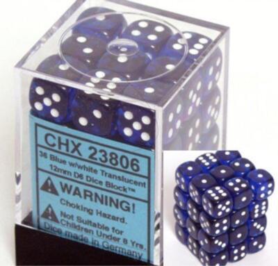 Chessex Dice d6 Sets Blue w/ White Translucent 36 12mm Six Sided Die CHX 23806 | eBay