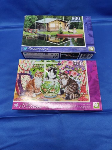 Puzzlebug Art box 500 Piece Jigsaw Puzzle Alaska Cabin Cats Fish Just ...