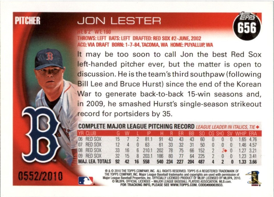 2010 Topps Gold #656 Jon Lester /2010 Boston Red Sox Baseball Card | eBay