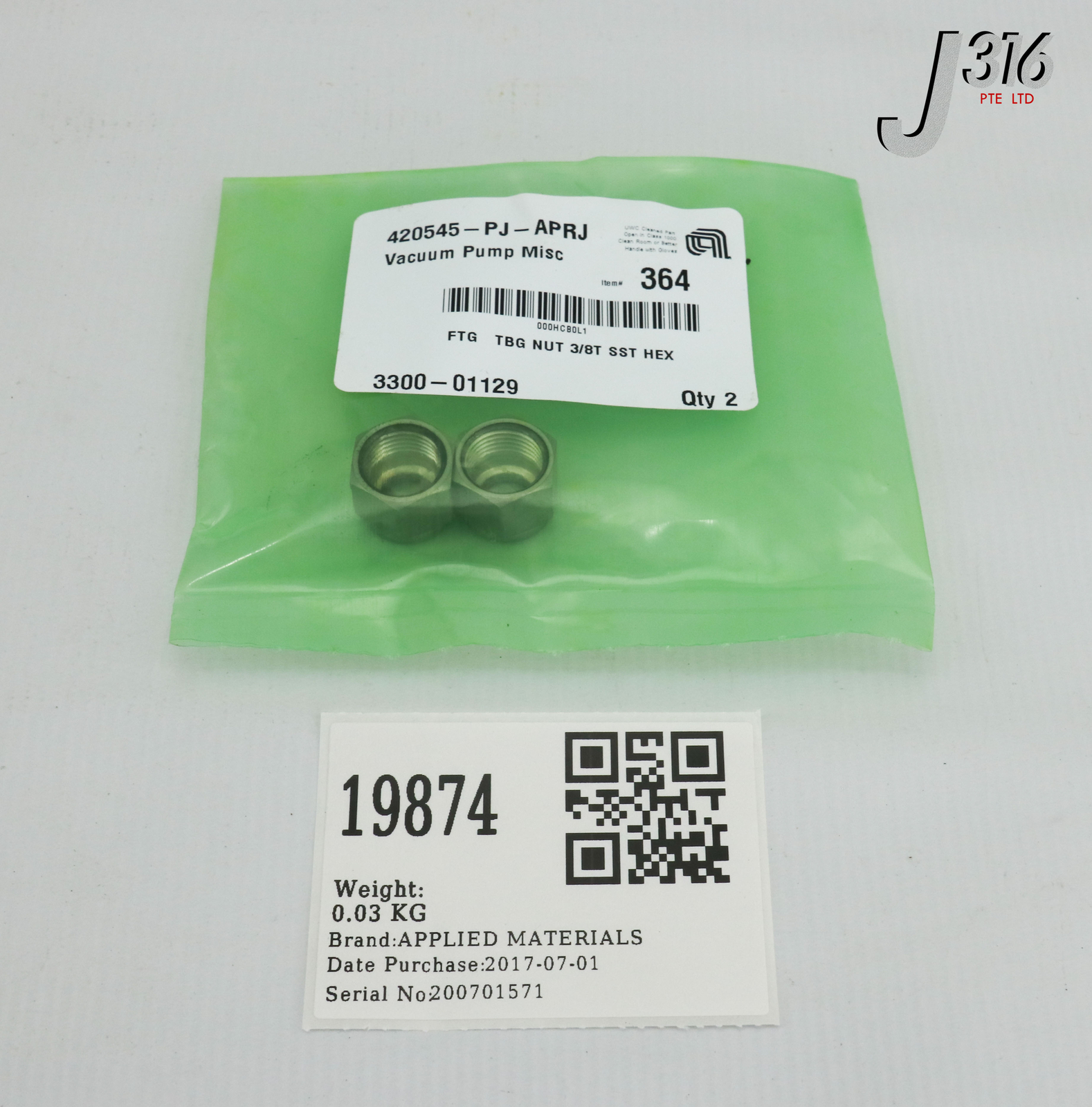 19874 APPLIED MATERIALS FTG TBG NUT 3/8T SST HEX (LOT OF 2) (NEW) 3300 ...