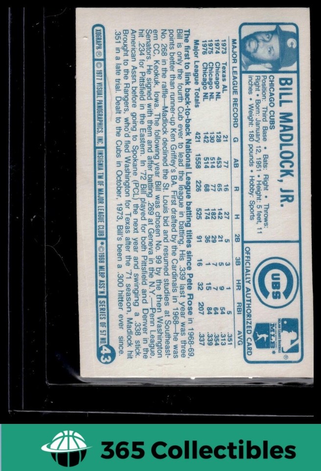 1969 KELLOGG'S XONOGRAPH BILL MADLOCK JR #43 Baseball CUBS | eBay
