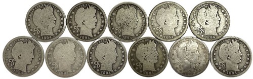 (11) 1894 S SILVER UNITED STATES BARBER QUARTER 25C COIN CIRCULATED LOT ...