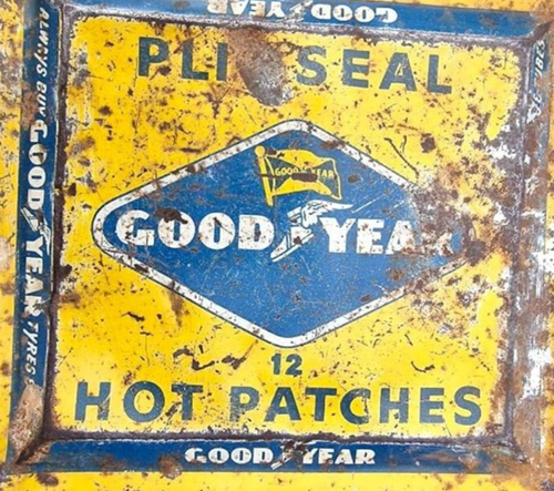 VINTAGE OLD ANTIQUE RARE GOODYEAR TYRE HOT PATCHES LITHO. TIN BOX ...