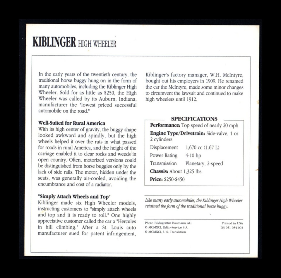1907-1909 Kiblinger High Wheeler ATLAS EDITION Classic Car Info Spec ...