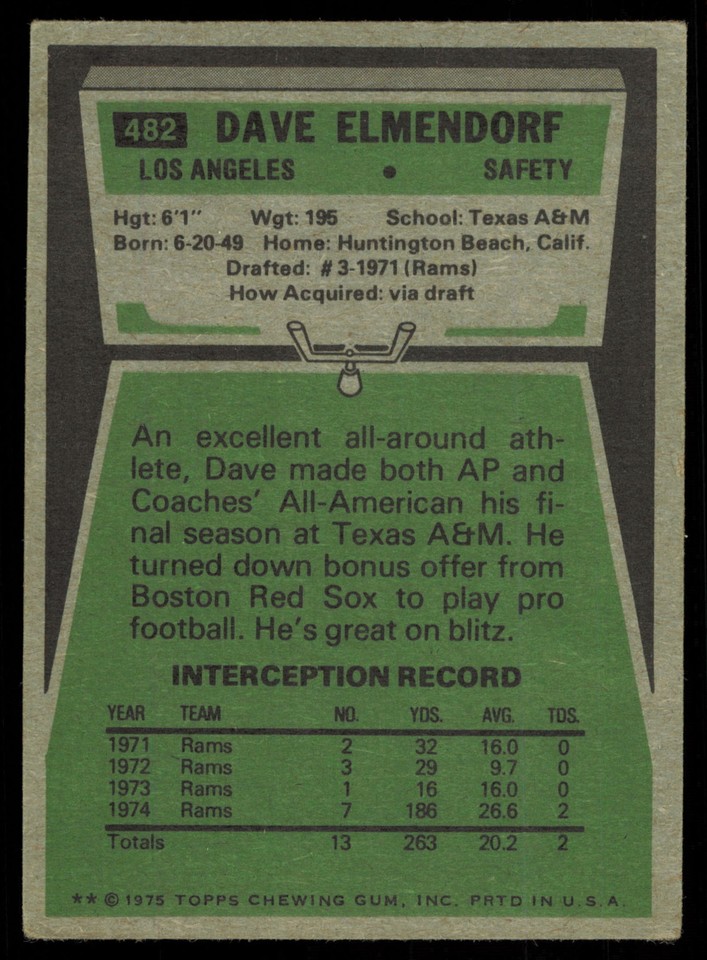 1975 Topps #482 Dave Elmendorf Los Angeles Rams | eBay