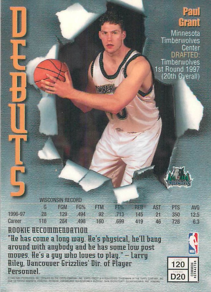 PAUL GRANT 1997-98 Topps Finest DEBUTS ROOKIE RC #D20 Timberwolves (W ...