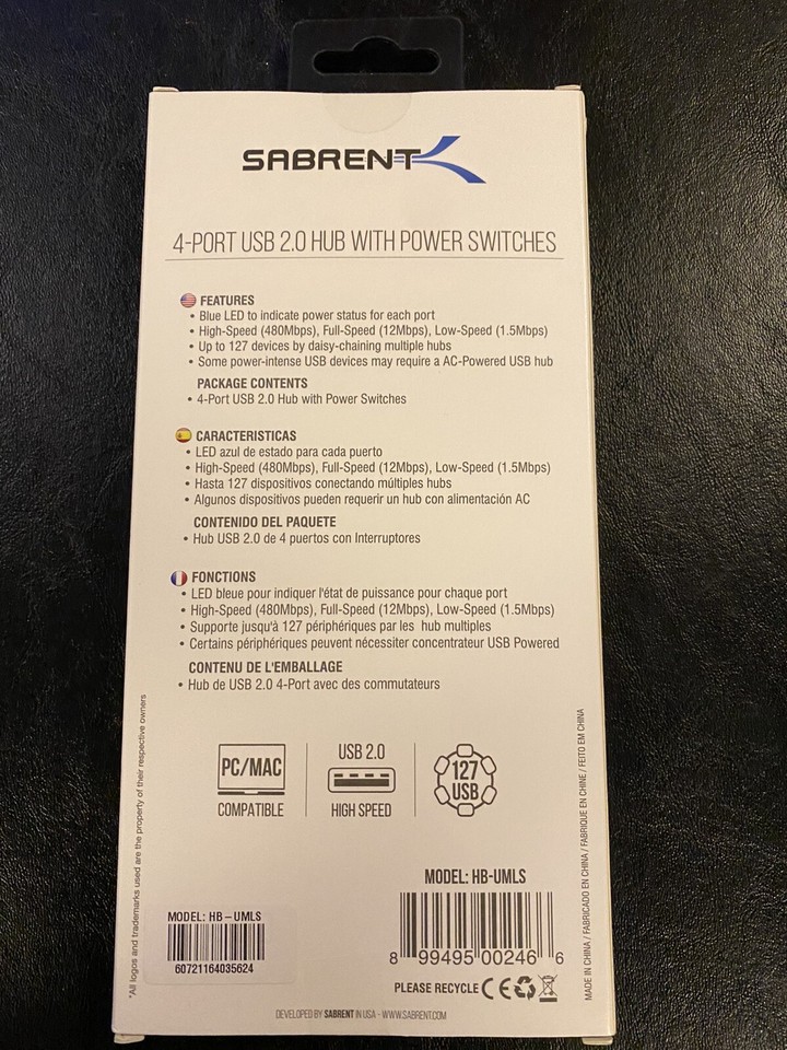 SABRENT 4 Port USB 2.0 Data Hub with Individual LED lit Power Switches ...