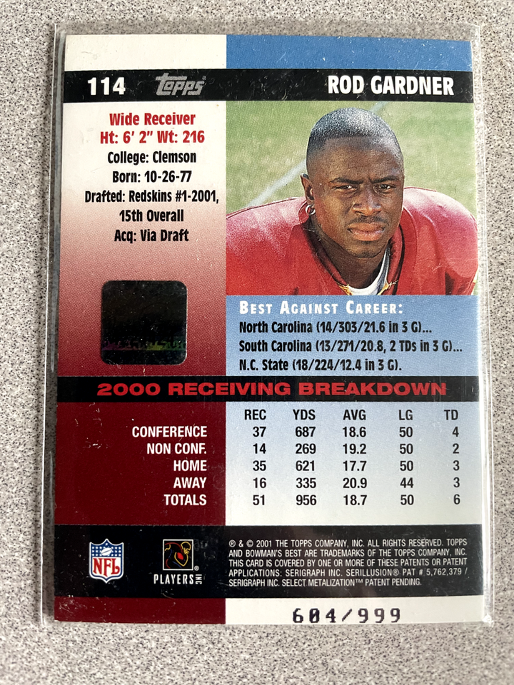 2001 Bowman's Best Rod Gardner Rookie Jersey Card /999 #114 Washington ...