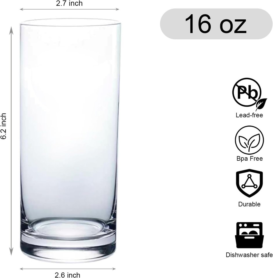 Drinking Glasses Set of 6, 16oz Crystal Highball Glasses, Clear Tall ...